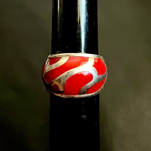 Jewelry | 925 Sterling Silver Red Enamel Paint Design Ring | Poshmark